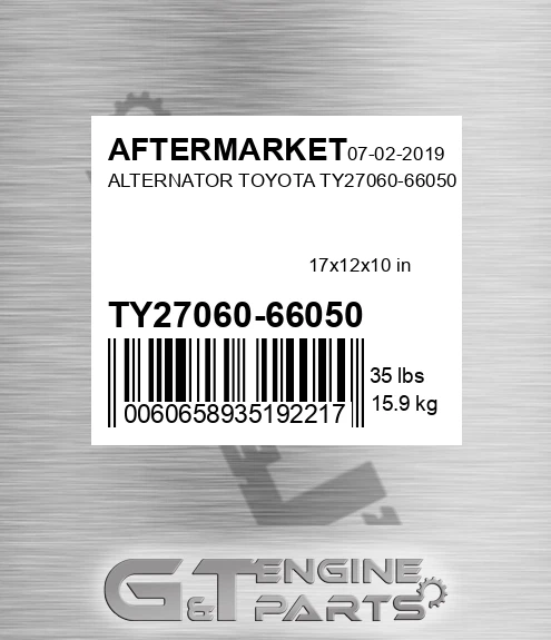 TY27060-66050 ALTERNATOR TOYOTA TY27060-66050 AFTERMARKET | Price: $366.13