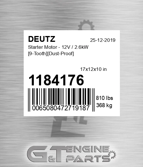 1184176 Starter Motor - 12V / 2.6kW 9-ToothDust-Proof Starter made to ...