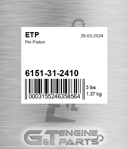 6151-31-2410 Pin Piston ETP | SAME AS KOMATSU WARRANTY | Price: $47.49